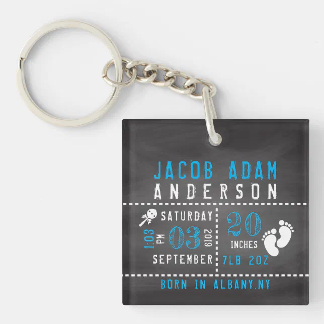 Chalkboard Baby Boy Birth Announcement Photo Keychain | Zazzle