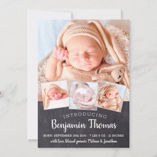 Chalkboard Baby Personalized 4 Photo Collage Birth Announcement | Zazzle