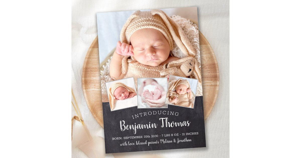Chalkboard Baby Personalized 4 Photo Collage Birth Announcement | Zazzle