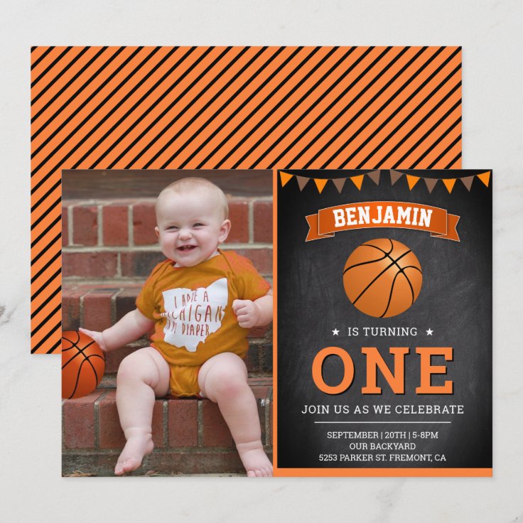 Chalkboard Basketball First Birthday Party Photo Invitation | Zazzle