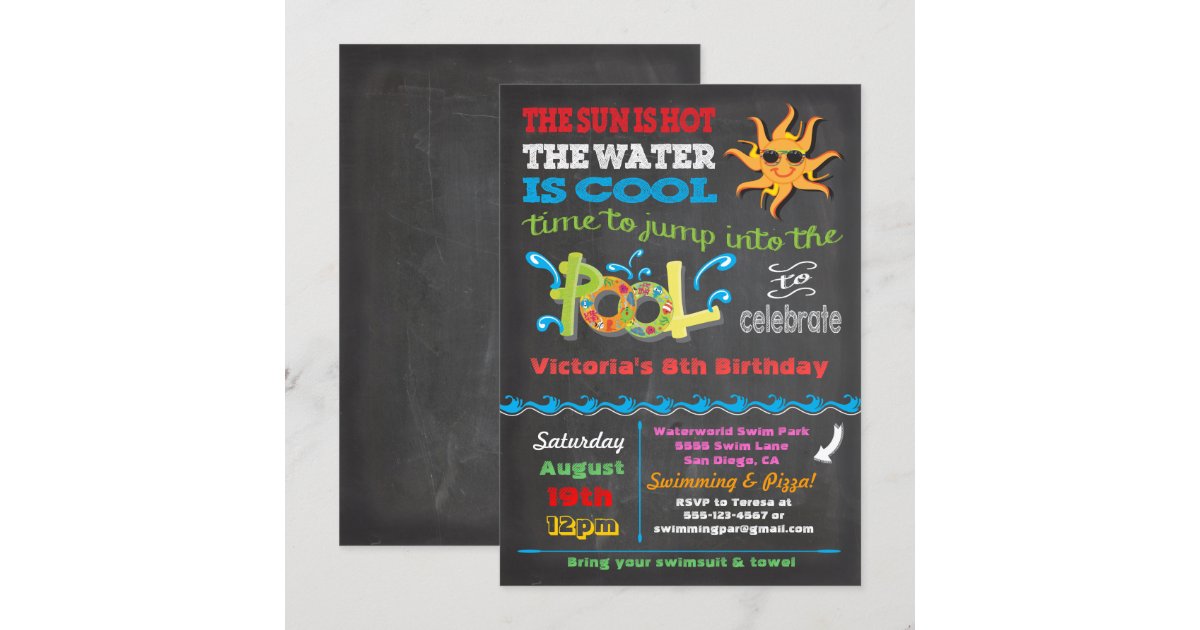 Chalkboard Birthday Pool Party Invitation | Zazzle