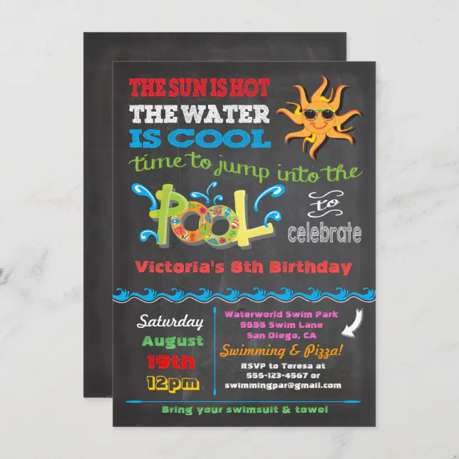 Chalkboard Birthday Pool Party Invitation | Zazzle