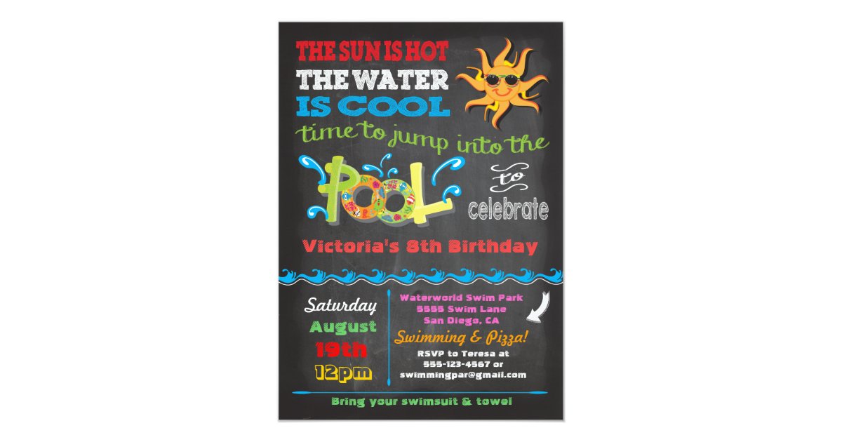 Chalkboard Birthday Pool Party Invitation | Zazzle.com