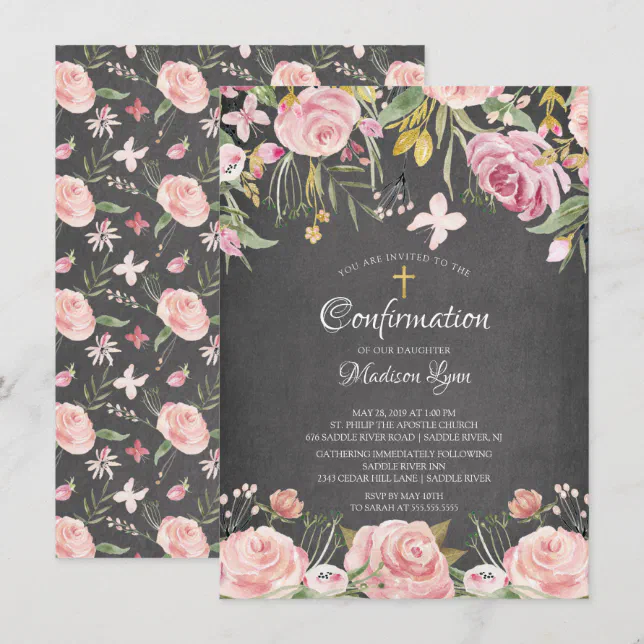 Chalkboard Blush Pink Floral Confirmation Invitation | Zazzle