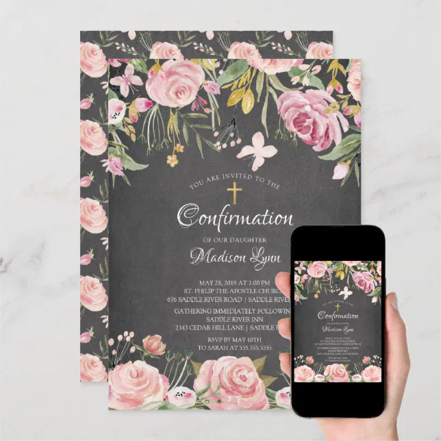 Chalkboard Blush Pink Floral Confirmation Invitation | Zazzle