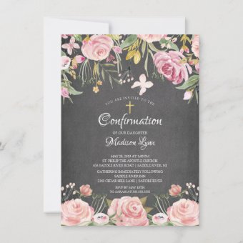 Chalkboard Blush Pink Floral Confirmation Invitation | Zazzle