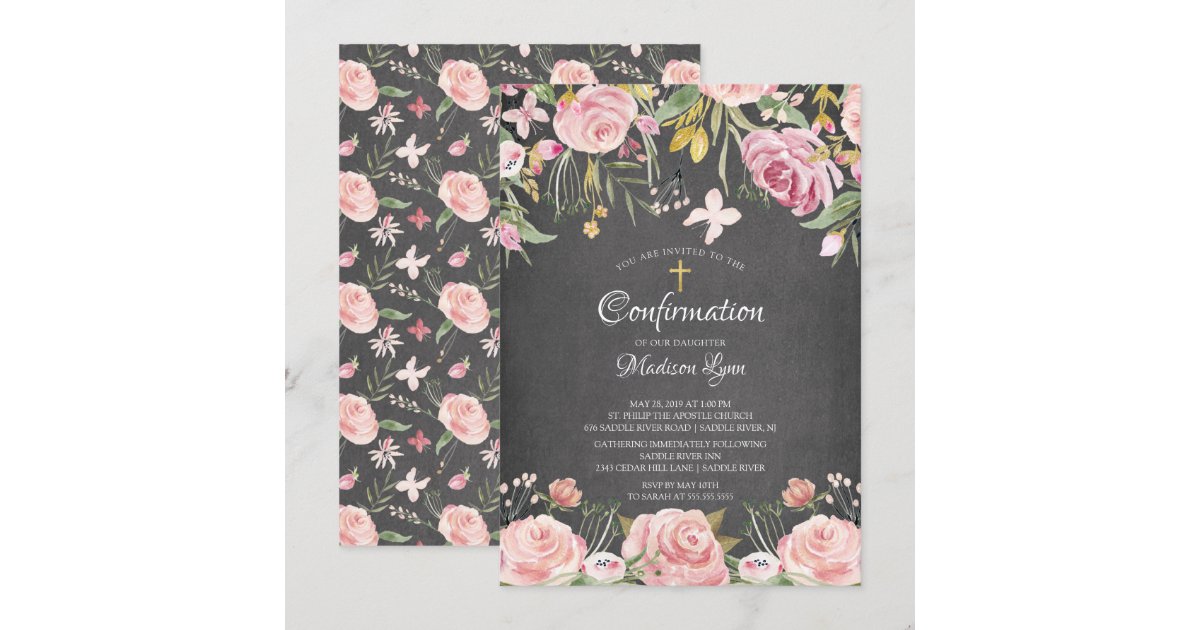Chalkboard Blush Pink Floral Confirmation Invitation | Zazzle