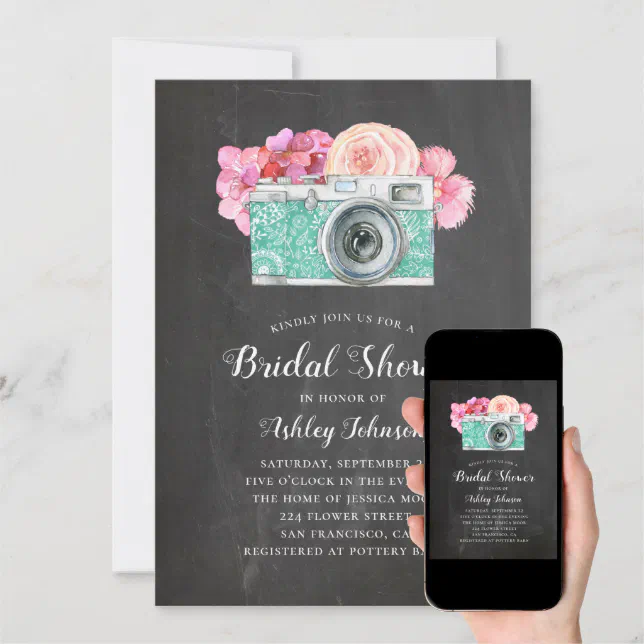Chalkboard bridal shower. Pink flowers and camera Invitation | Zazzle