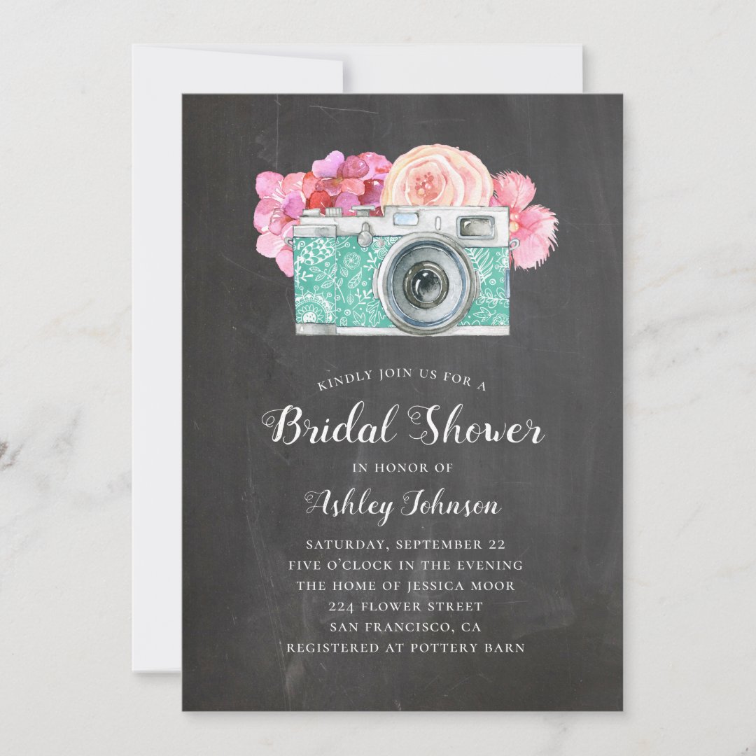 Chalkboard bridal shower. Pink flowers and camera Invitation | Zazzle