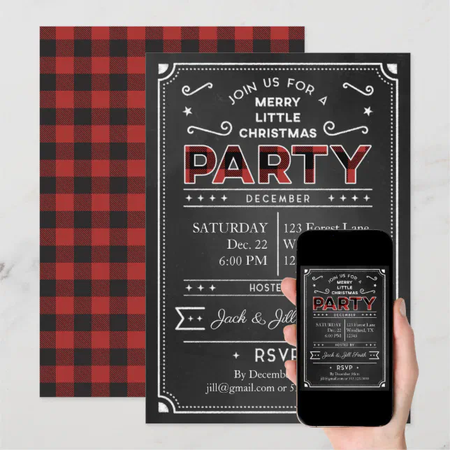 Chalkboard & Buffalo Plaid Christmas Party Invite | Zazzle