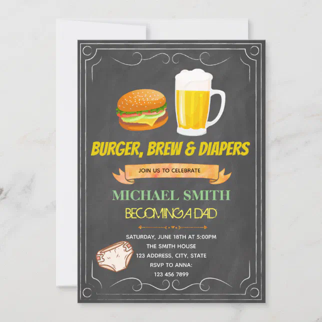 Chalkboard burger beer diaper invitation | Zazzle