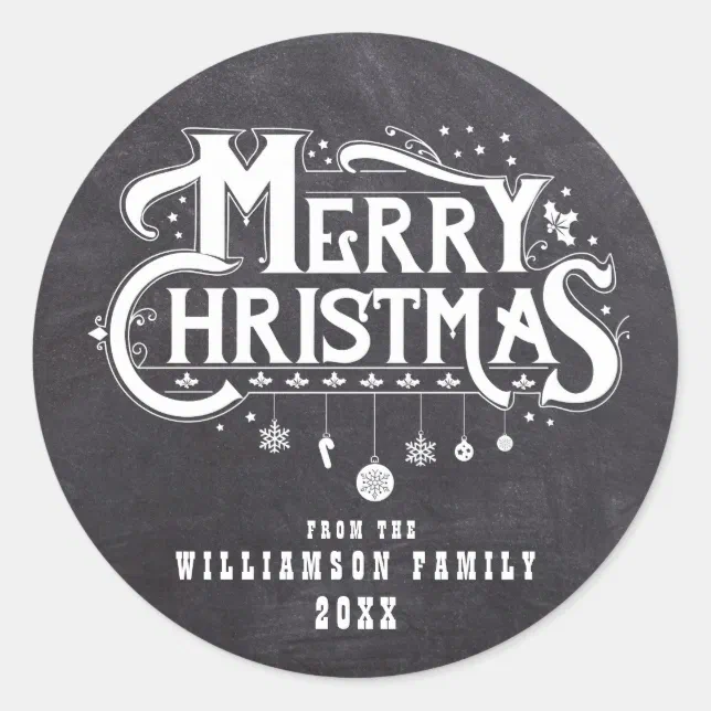 Chalkboard Christmas Black White Personalized Classic Round Sticker ...