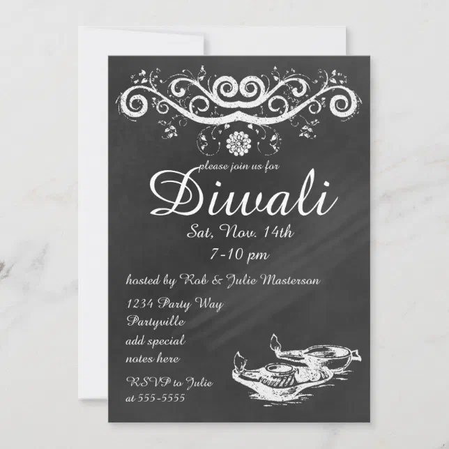 Chalkboard Diwali with Deepas and Lotus Invitation | Zazzle