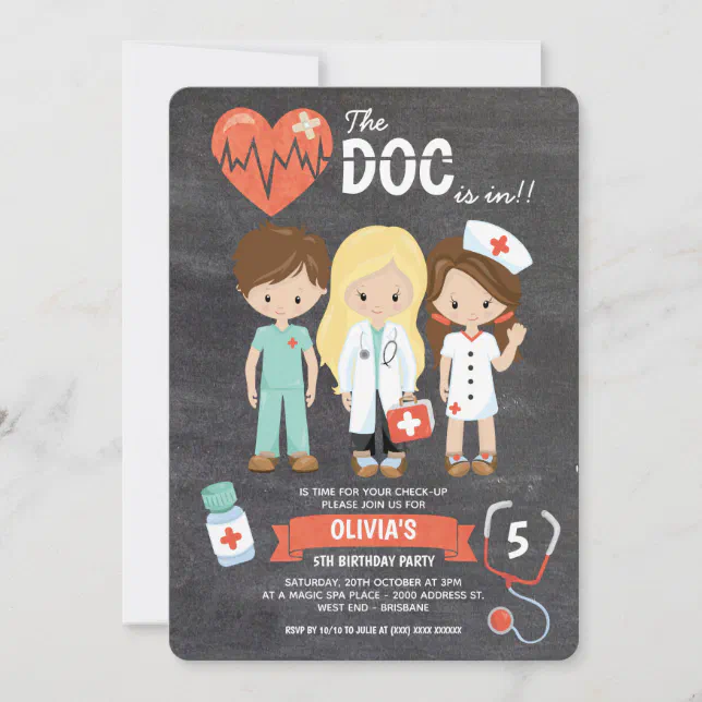 Chalkboard Doc Is In Doctor Birthday Invitation | Zazzle