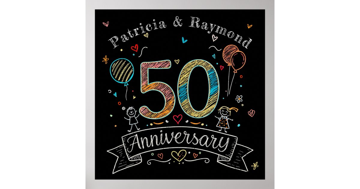 Chalkboard Doodles 50th Anniversary Personalized Poster | Zazzle