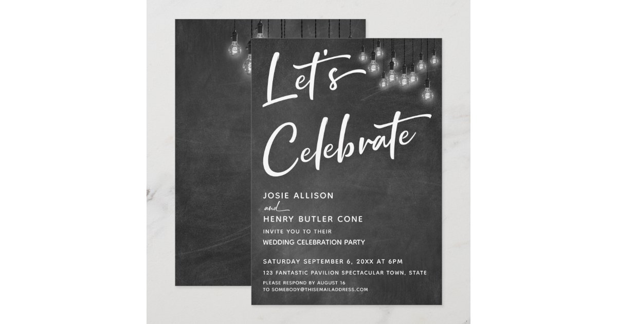 Chalkboard Edison Lights Modern Let's Celebrate Invitation | Zazzle