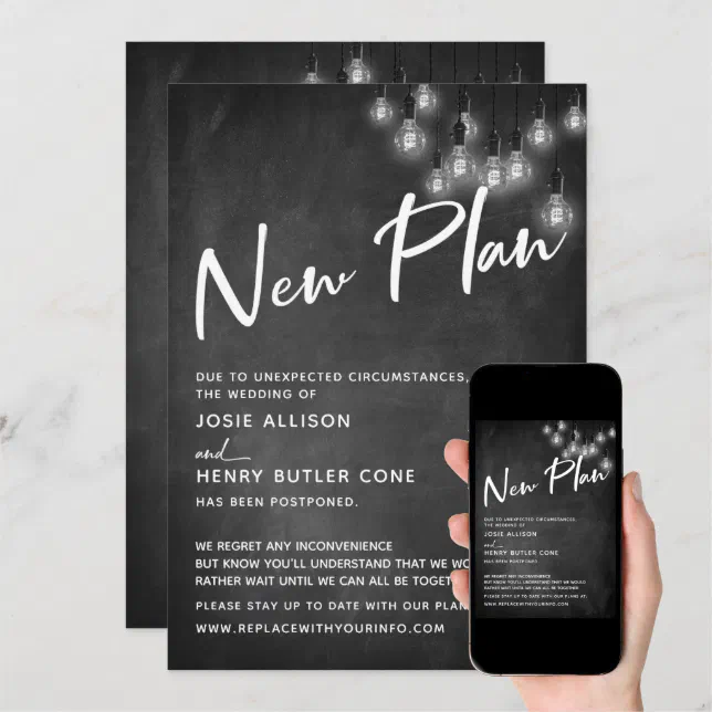 Chalkboard Edison Lights New Plan Delayed Wedding Invitation | Zazzle
