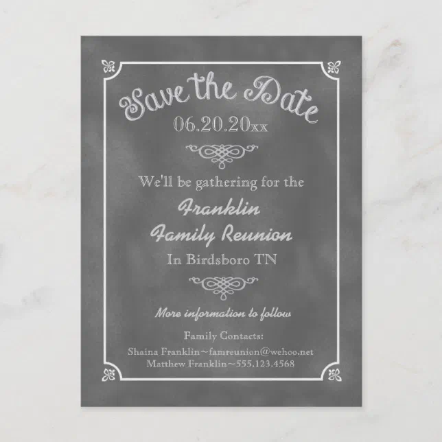 Chalkboard Family Reunion or Party Save the Date Announcement Postcard ...