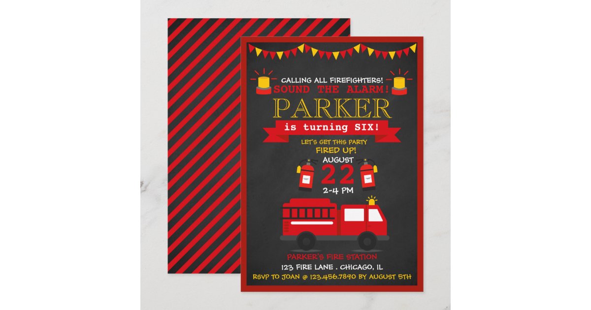 Chalkboard Fire Fighter Birthday Party Invitation | Zazzle