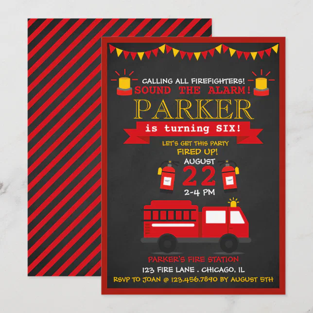 Chalkboard Fire Fighter Birthday Party Invitation | Zazzle