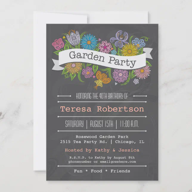 Chalkboard Floral Banner Garden Party Invitation | Zazzle