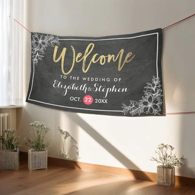 Chalkboard Floral Chic Gold Script Wedding Welcome Banner | Zazzle