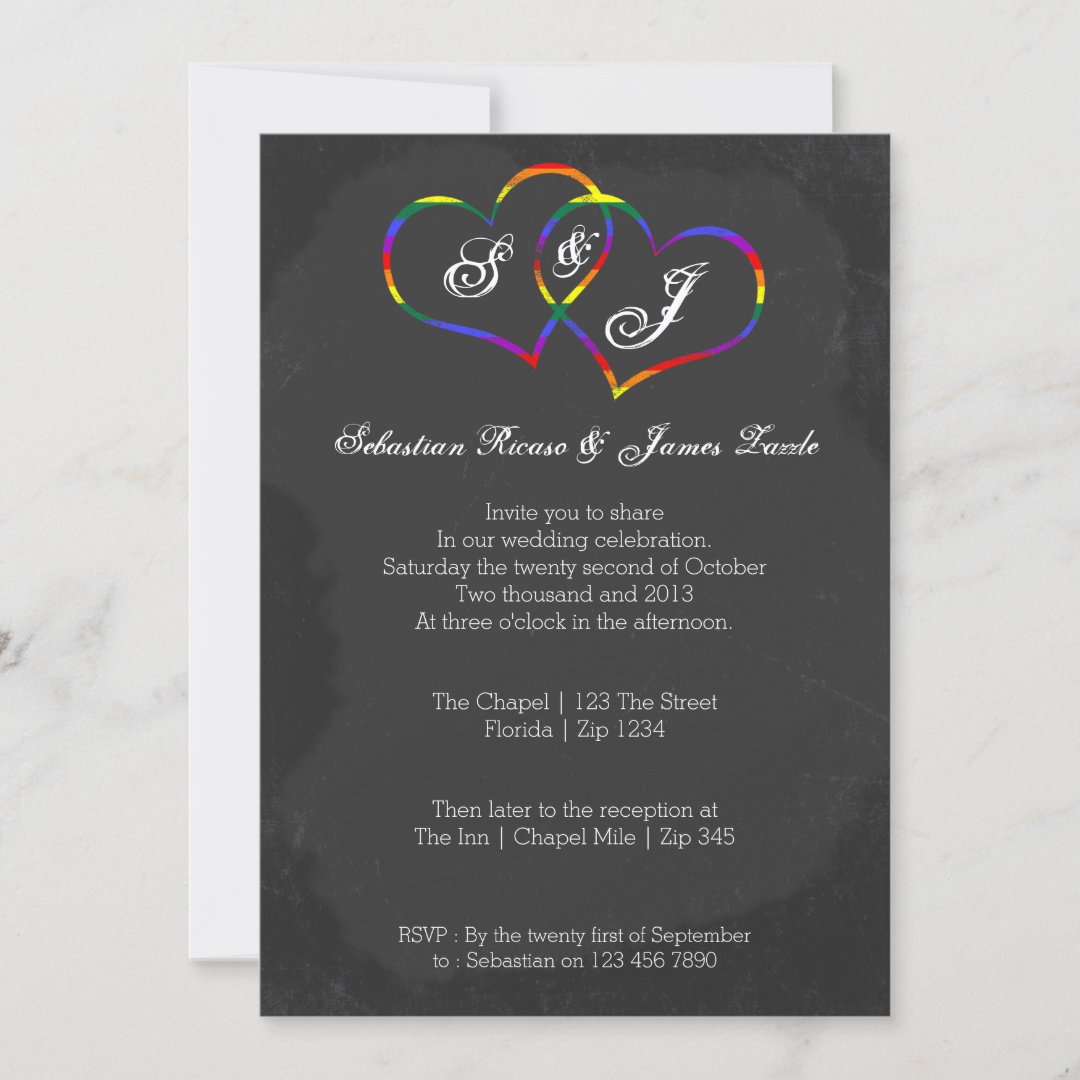 Chalkboard Gay Pride Rainbow Heart Doodle Wedding Invitation | Zazzle