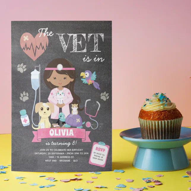 Chalkboard Girl Vet Birthday Party Invitation | Zazzle