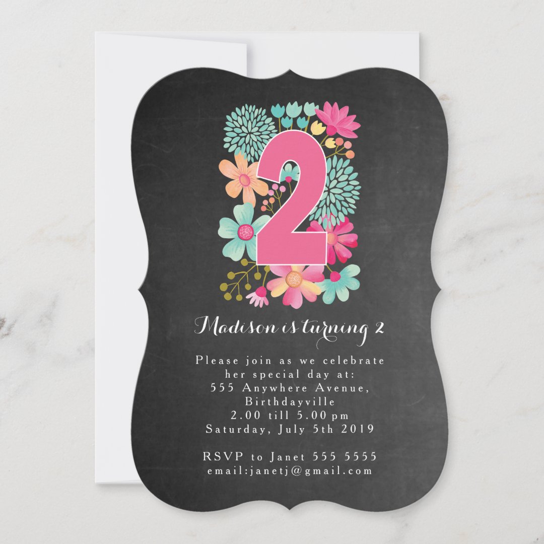 Chalkboard Girls Floral 2nd Birthday Party Invite | Zazzle