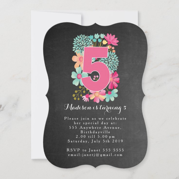 Chalkboard Girls Floral 5th Birthday Party Invite | Zazzle