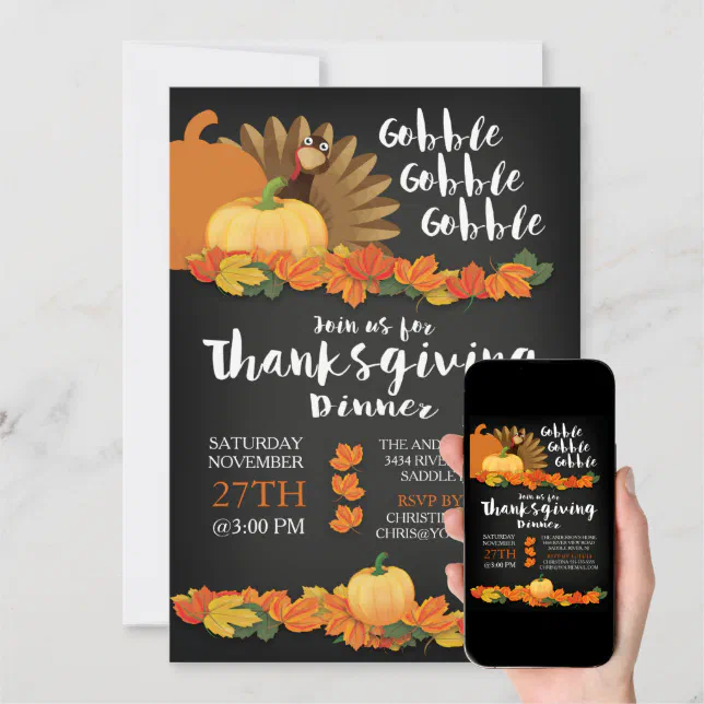 Chalkboard Gobble Turkey Thanksgiving Invitation | Zazzle