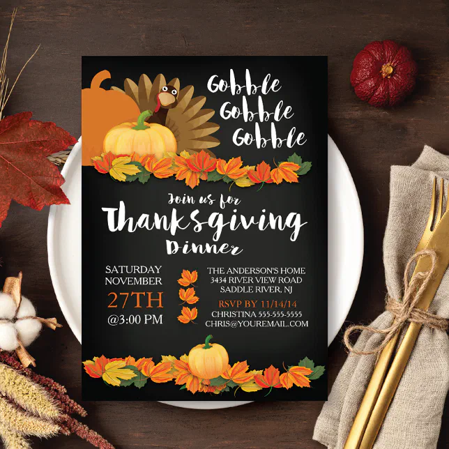 Chalkboard Gobble Turkey Thanksgiving Invitation | Zazzle