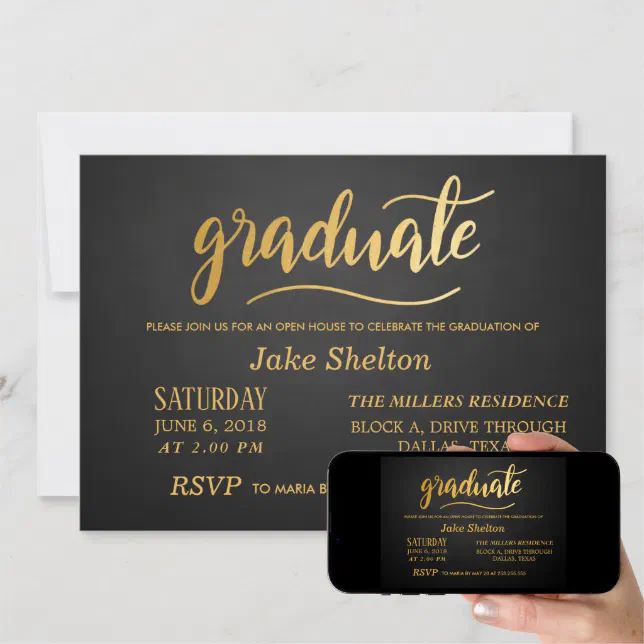 Chalkboard Gold Typography Open House Graduation Invitation | Zazzle