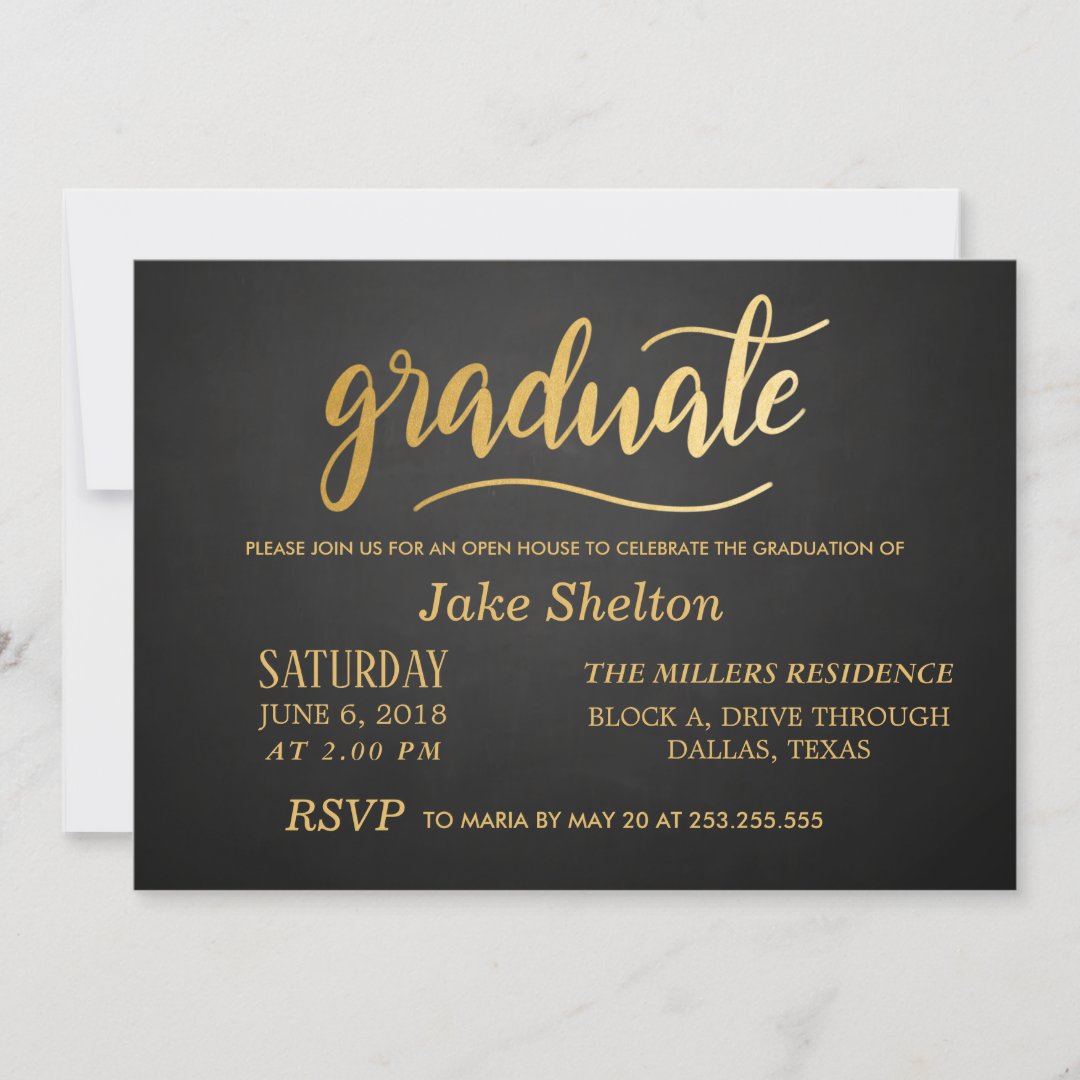Chalkboard Gold Typography Open House Graduation Invitation | Zazzle