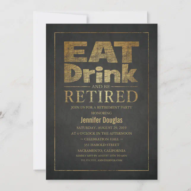 Chalkboard Golden Effect Funny Retirement Party Invitation | Zazzle