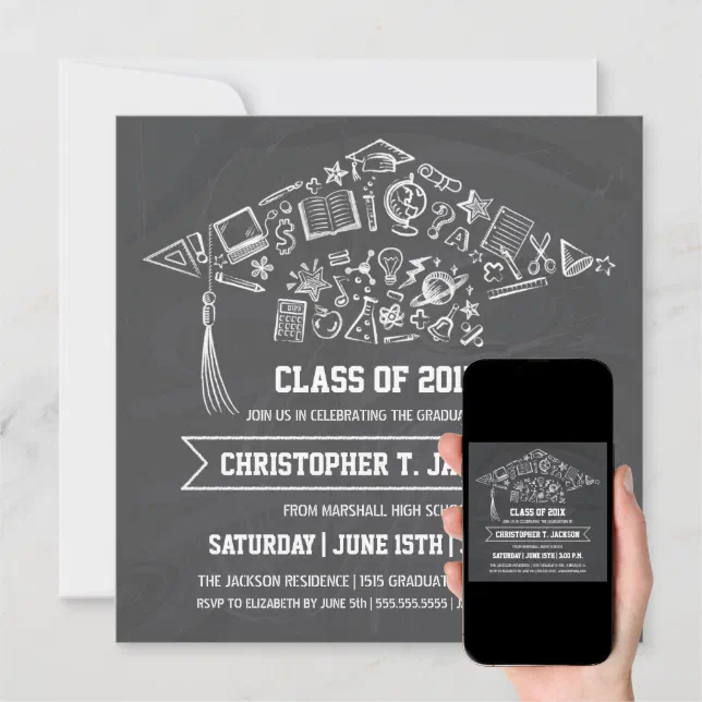 Chalkboard Graduation Cap Invitation with Photo | Zazzle