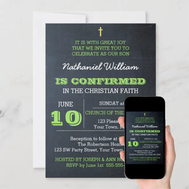 Chalkboard Green Confirmation Invitation | Zazzle