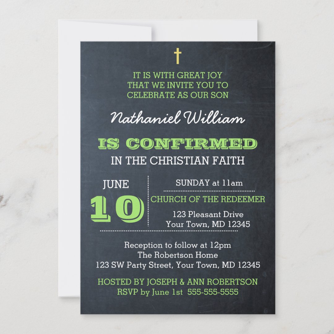 Chalkboard Green Confirmation Invitation | Zazzle