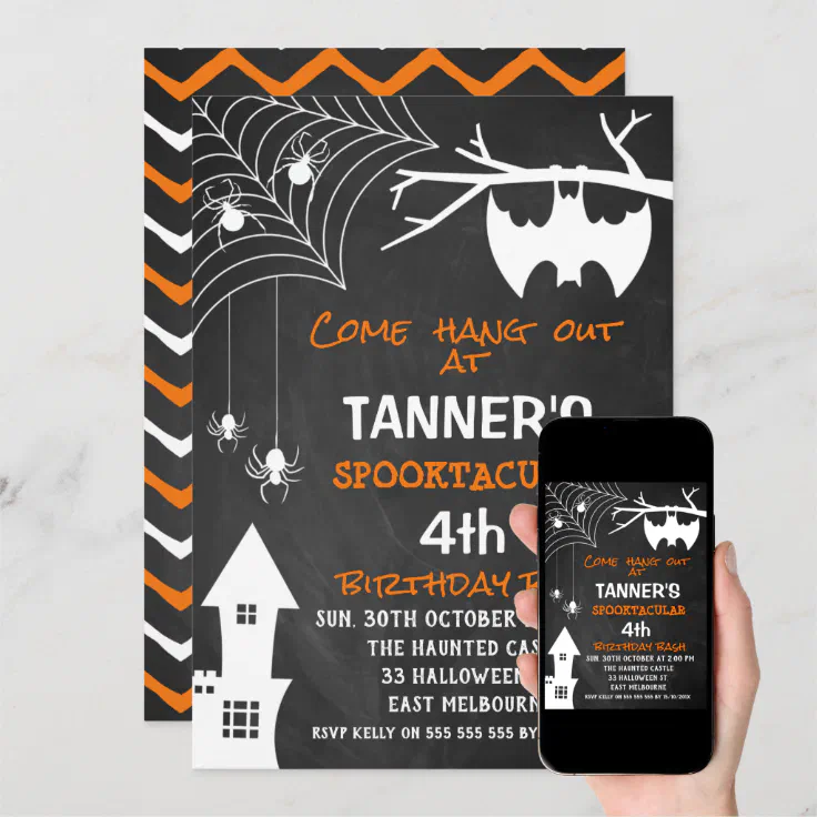 Chalkboard Halloween Bat Birthday Invitation | Zazzle