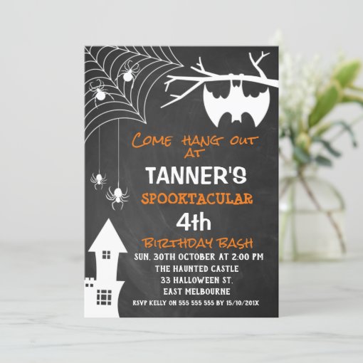 Chalkboard Halloween Bat Birthday Invitation | Zazzle