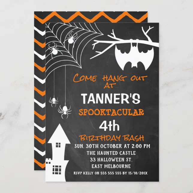 Chalkboard Halloween Bat Birthday Invitation | Zazzle