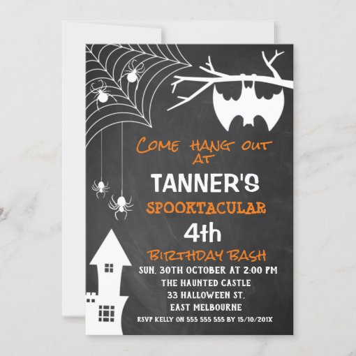 Chalkboard Halloween Bat Birthday Invitation | Zazzle