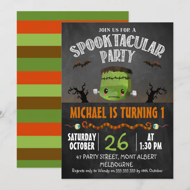 Chalkboard Halloween Frankenstein Birthday Invitation | Zazzle