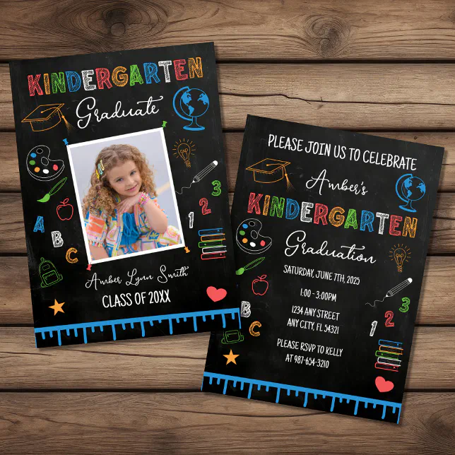 Chalkboard Kindergarten Graduation Photo Invitation | Zazzle
