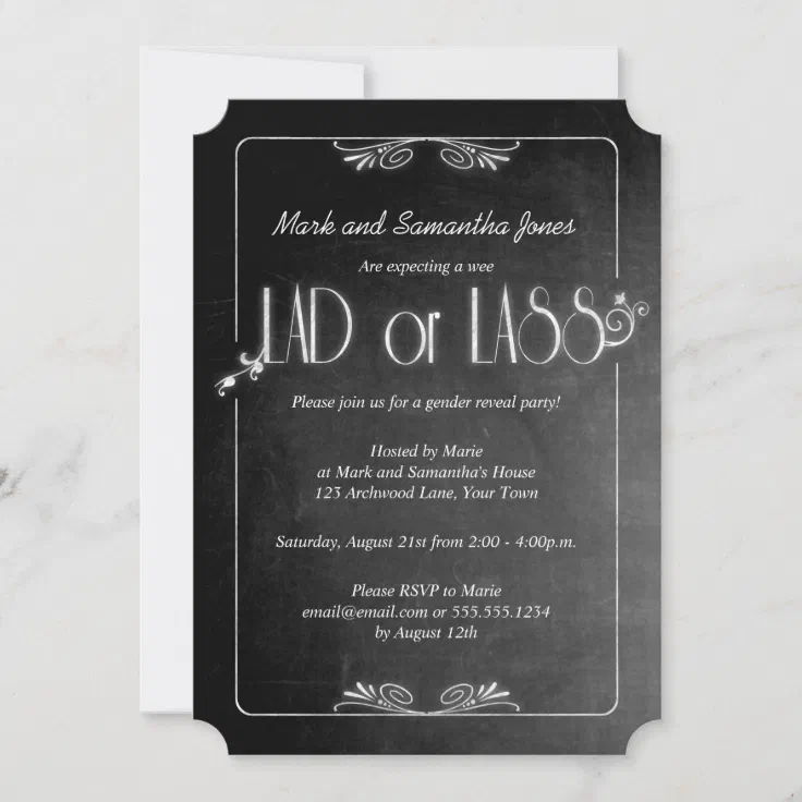 Chalkboard Lad or Lass Gender Reveal Party Invite | Zazzle