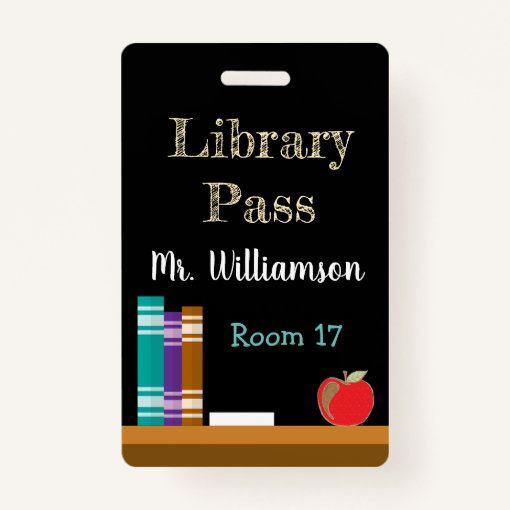 Chalkboard library vertical hall pass badge | Zazzle