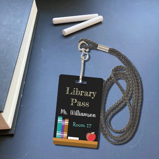 Chalkboard library vertical hall pass badge | Zazzle