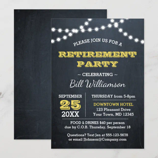 Chalkboard Lights Gold Retirement Party Invitation | Zazzle