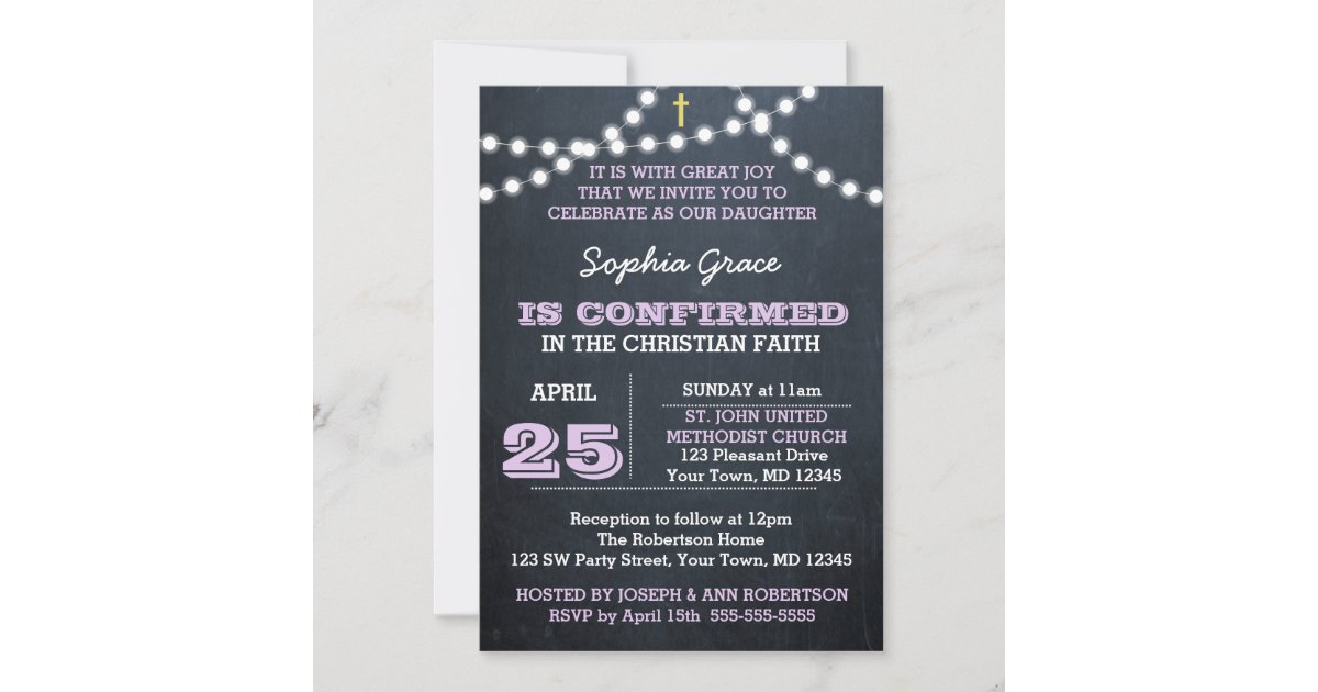Chalkboard Lights Lilac Confirmation Invitation | Zazzle.com