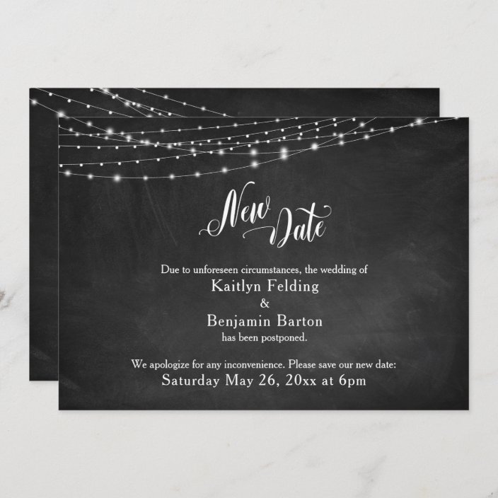 Chalkboard & Lights Postponed Wedding "New Date" Invitation | Zazzle
